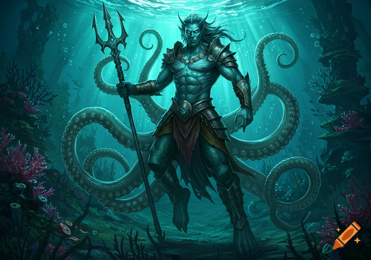 A muscular, blue-skinned merman-like warrior with horns and armor holds ...
