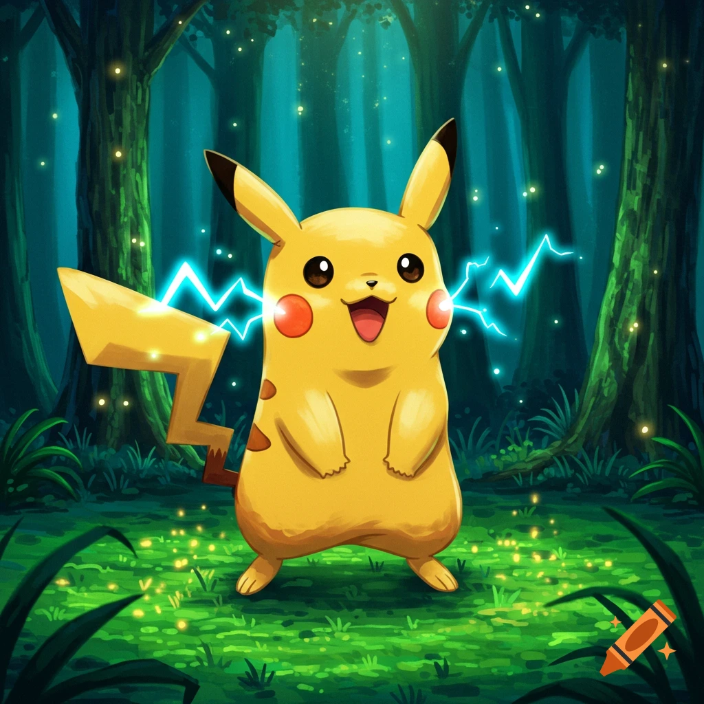 A happy Pikachu stands in a glowing, dark forest with electric sparks ...