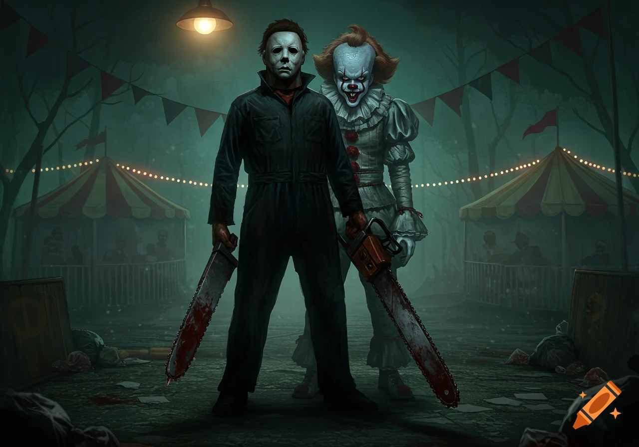 Michael Myers and Pennywise the clown stand with bloody chainsaws in a ...