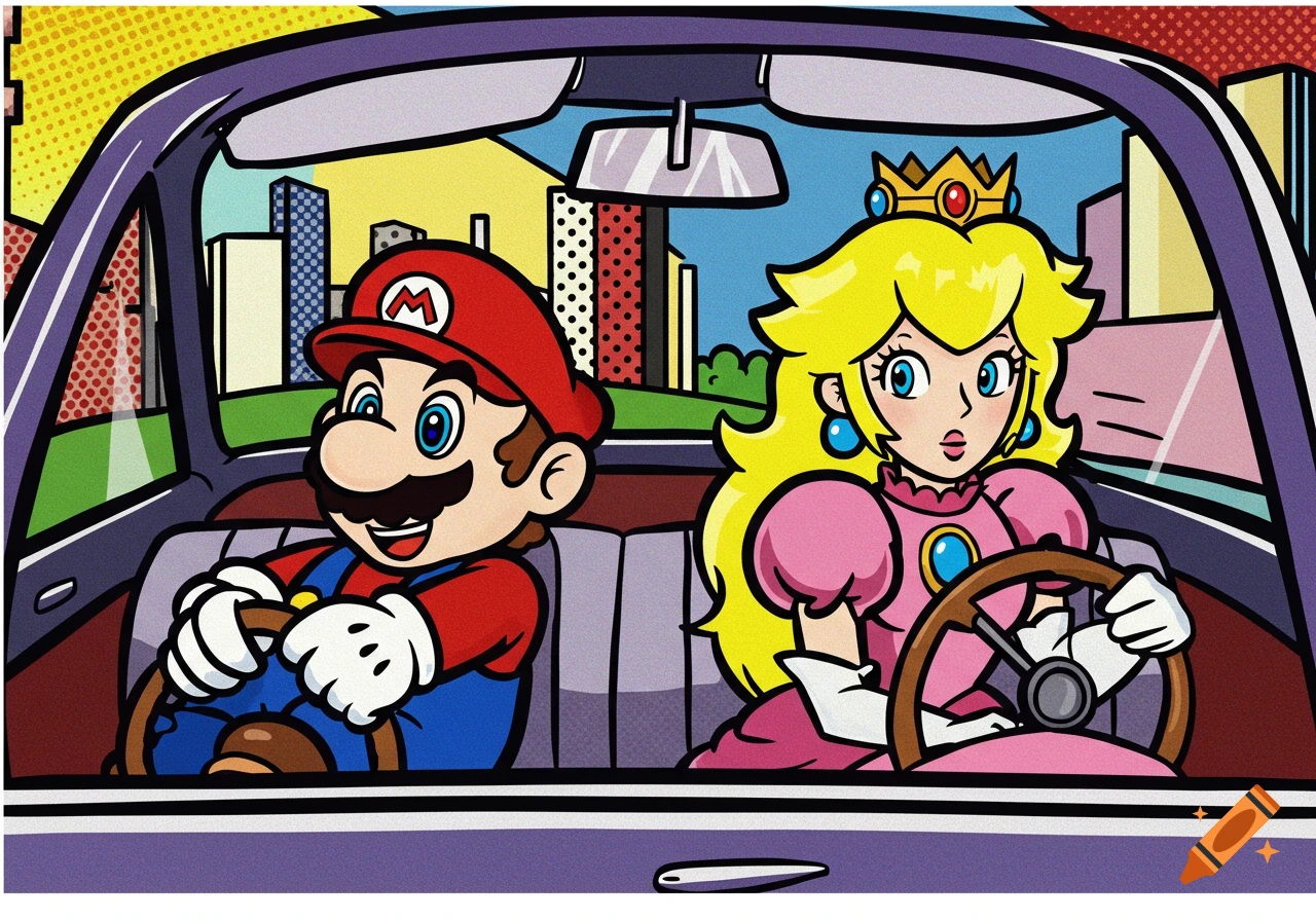 Mario and Princess Peach driving a car in a colorful pop art style ...