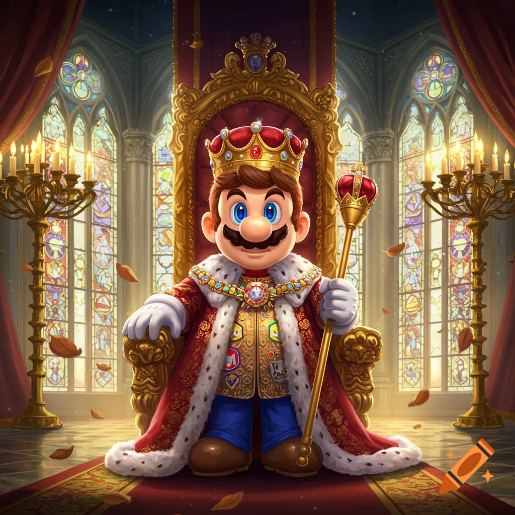 Mario as a king, wearing a red cape and crown, stands on a grand ...