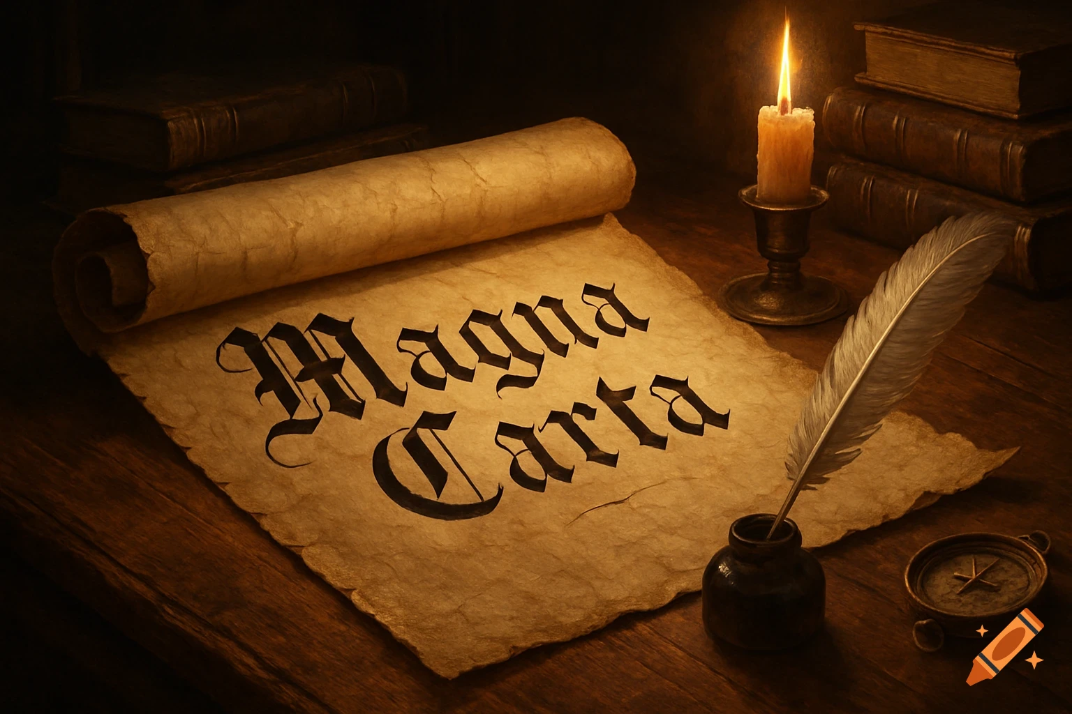 An old parchment scroll with "Magna Carta" in script, a lit candle ...