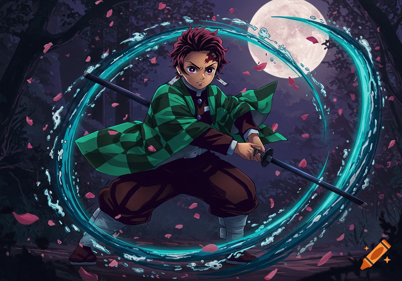 Anime character Tanjiro Kamado in a forest, holding a sword with ...