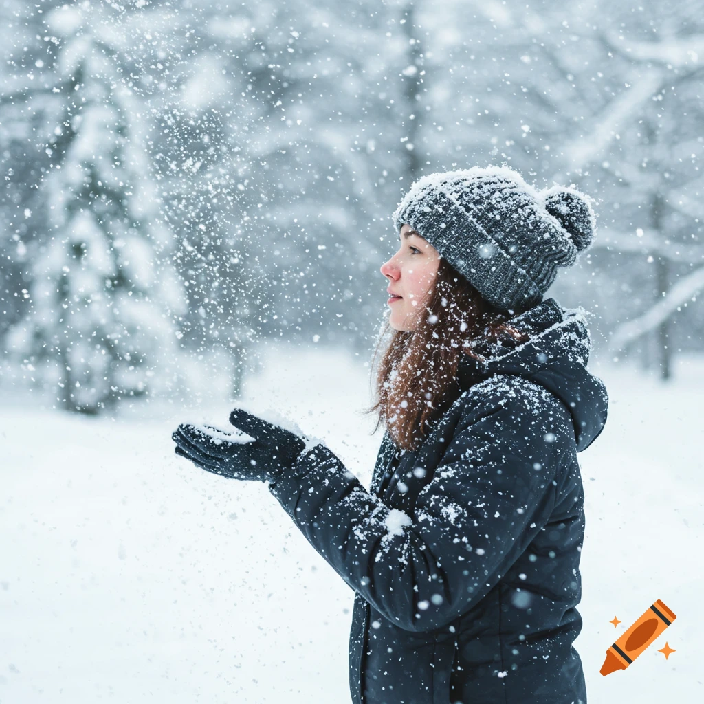 Young woman in a winter hat and jacket catching falling snow in a snowy ...