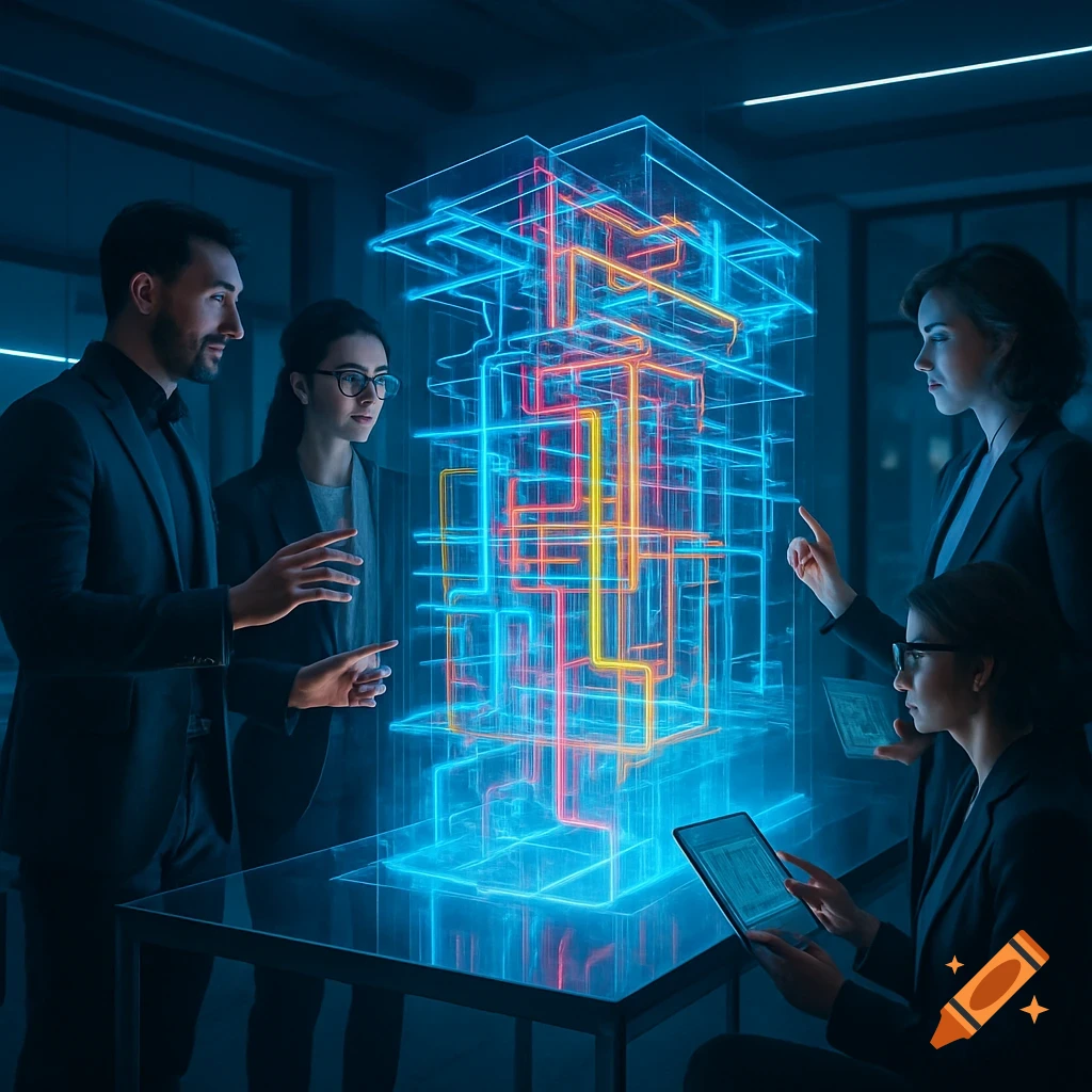 Four professionals in suits interact with a glowing holographic 3D ...