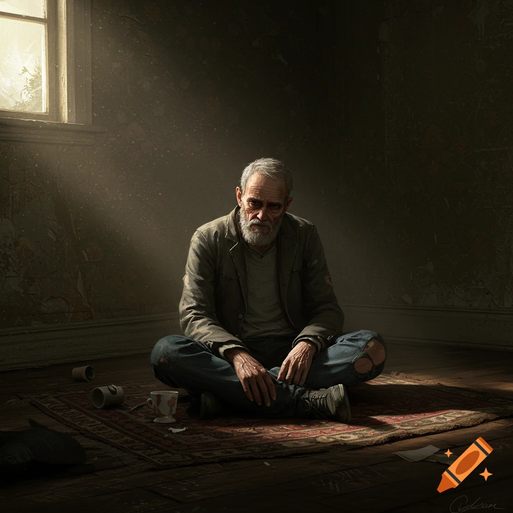 An old, bearded man sits cross-legged on a blanket against a brick wall ...