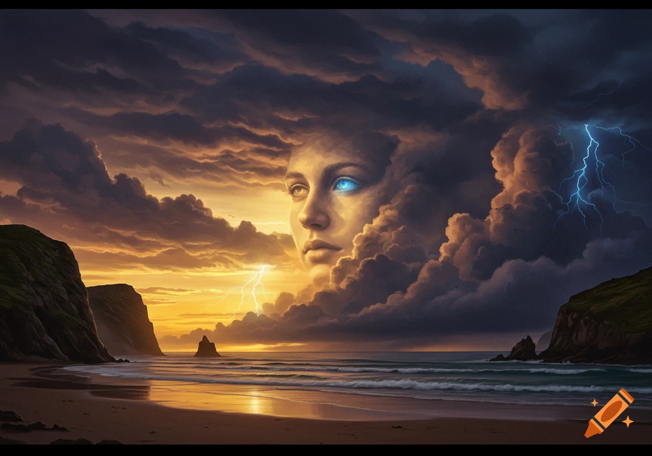 A giant face made of storm clouds and lightning dominates a dramatic ...