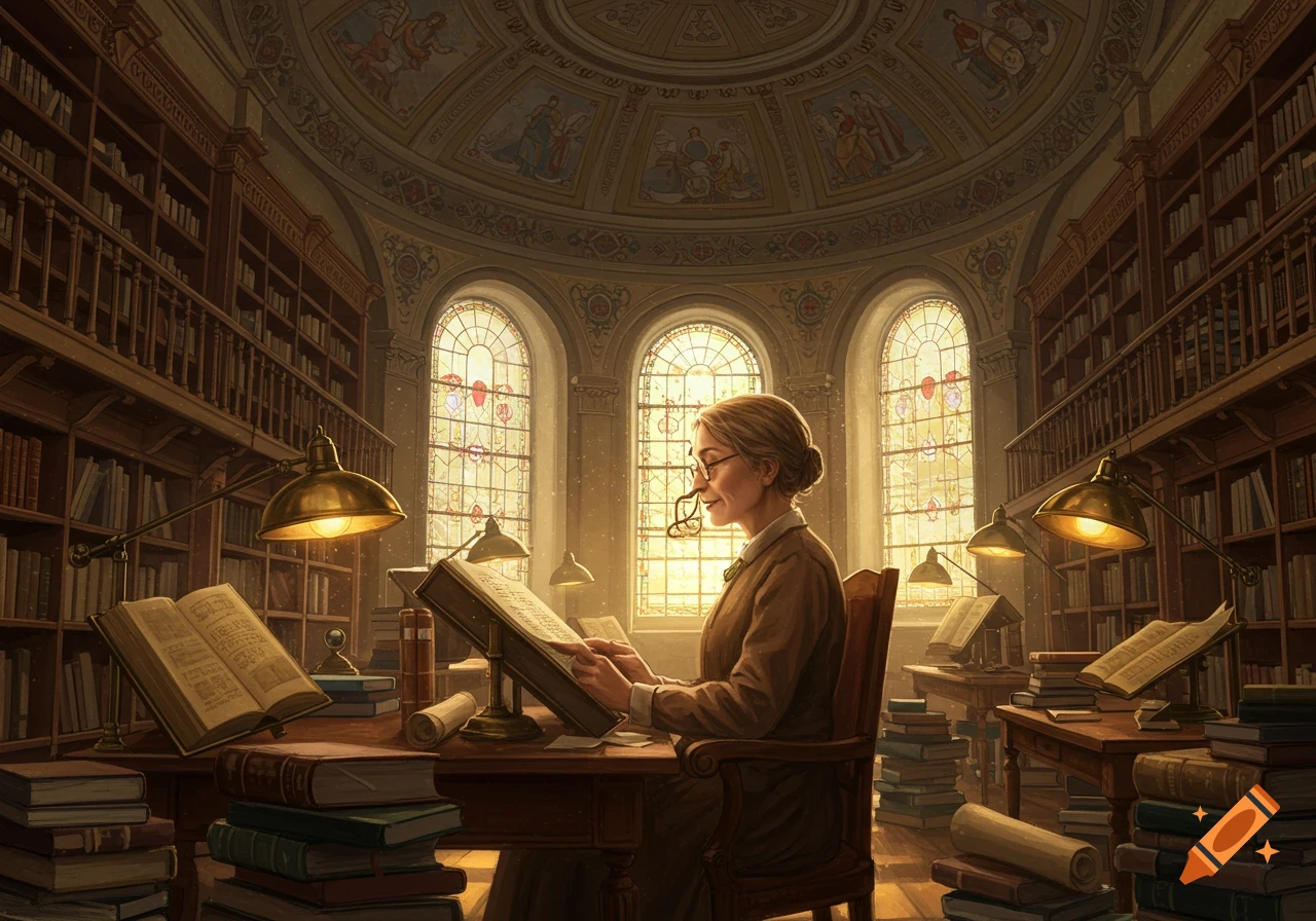 A plus-sized girl in a blue robe sits at a desk in a gothic library ...