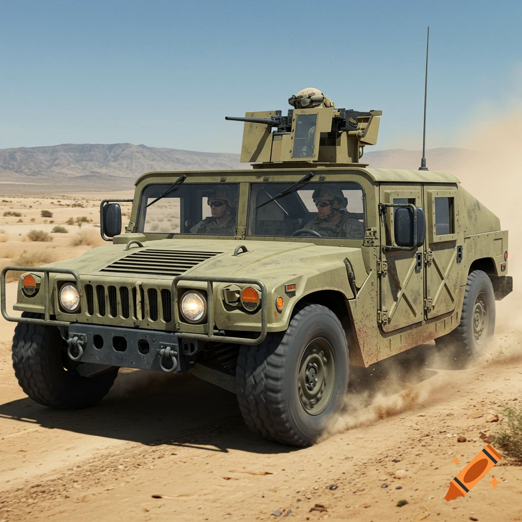 A military Humvee with two soldiers inside drives through a dusty ...