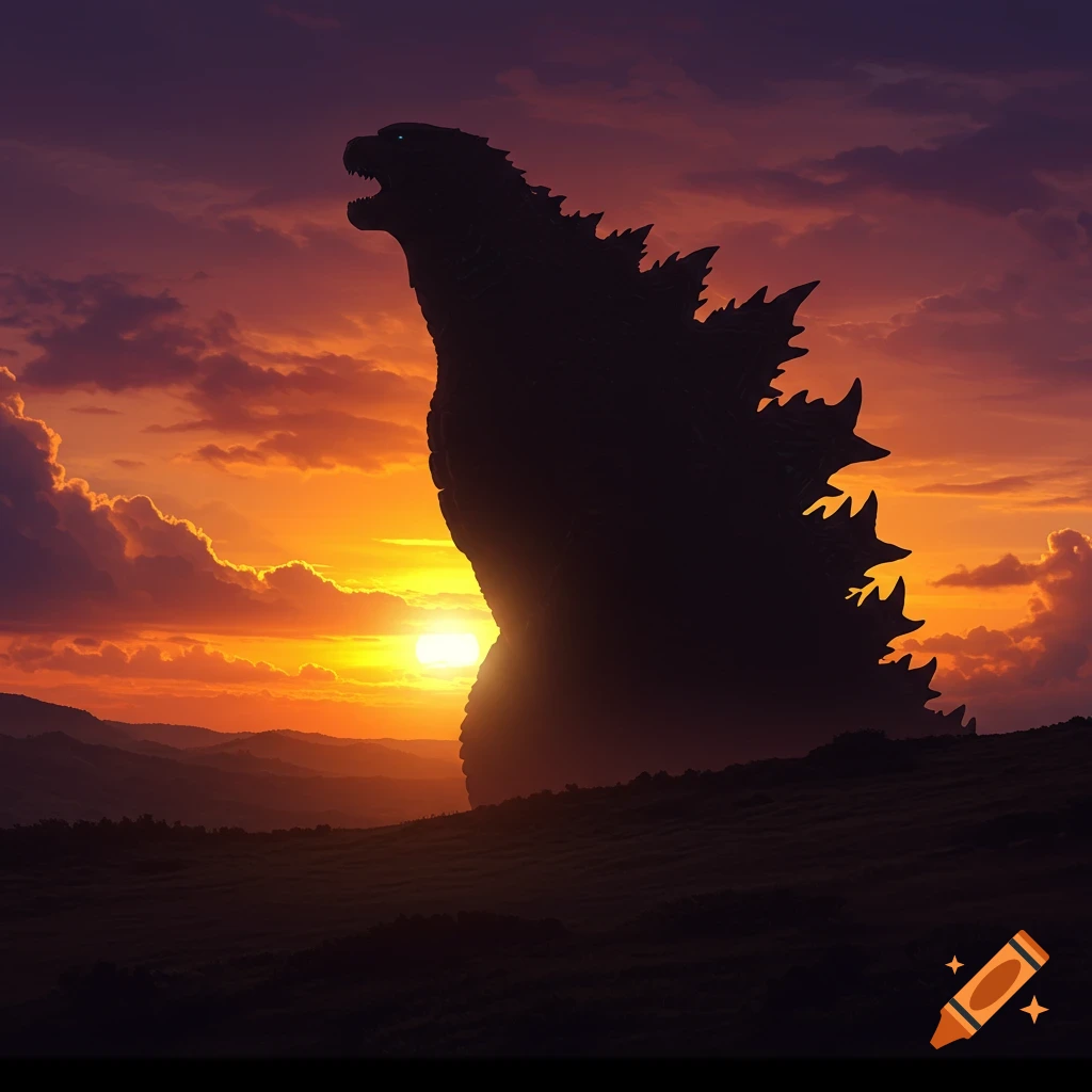 A dark silhouette of Godzilla stands on a hill against a dramatic ...