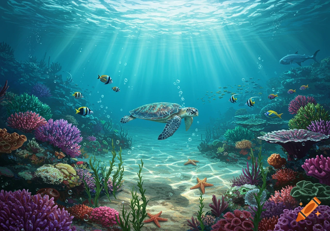 A 2D pixel art underwater scene with a dolphin swimming amidst fish and ...