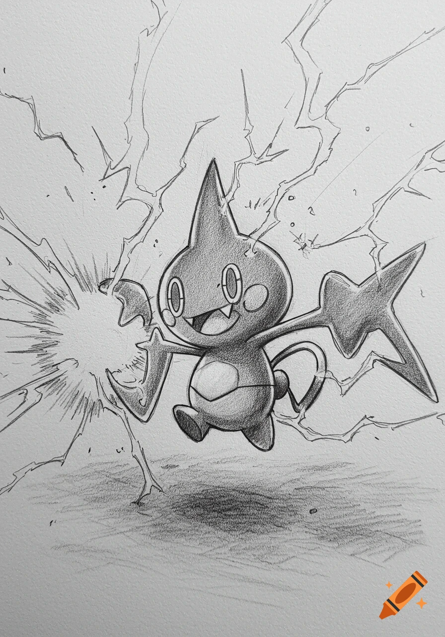A dynamic pencil sketch of the Pokémon Rotom, shown mid-air, unleashing ...