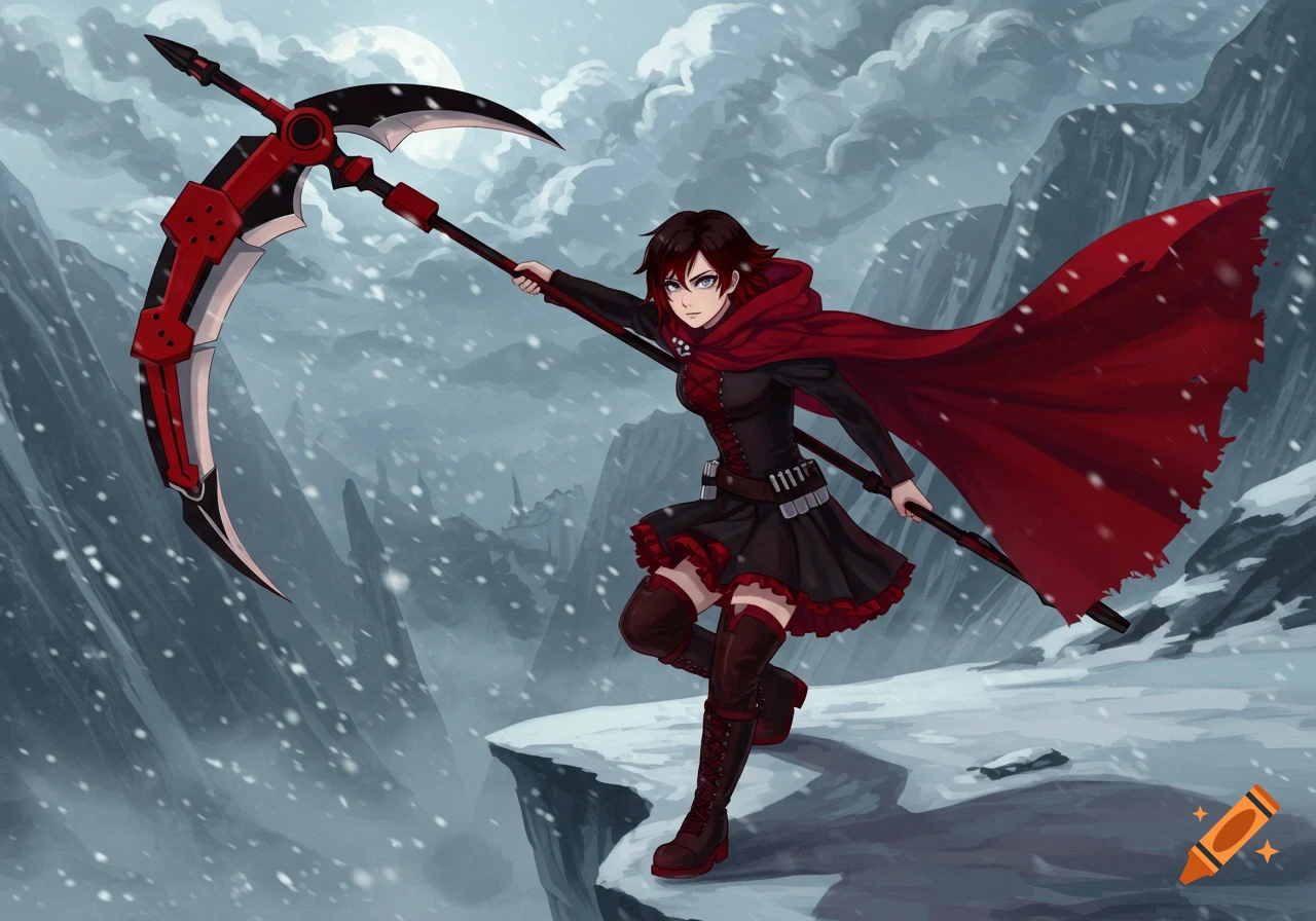 Anime character Ruby Rose from RWBY stands on a snowy cliff, holding ...