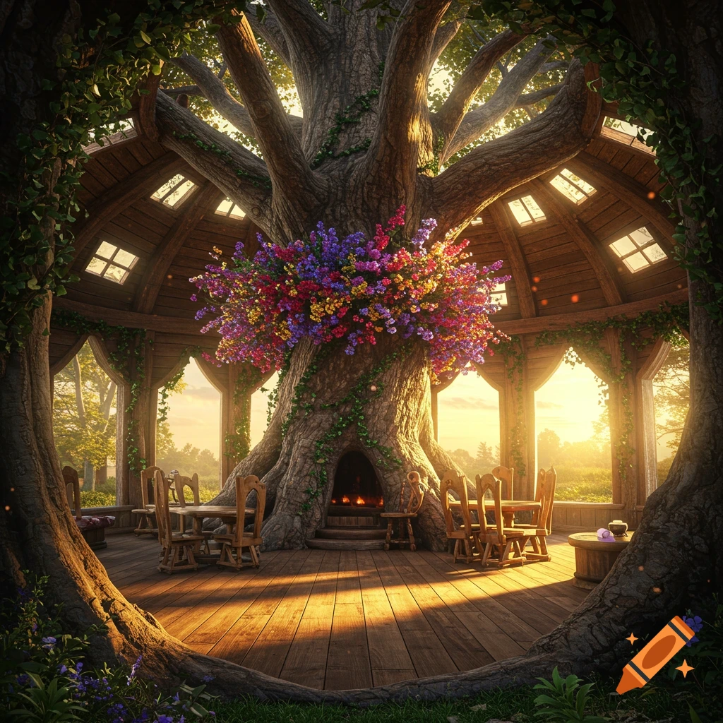 A fantasy room inside a giant tree trunk, decorated with colorful ...