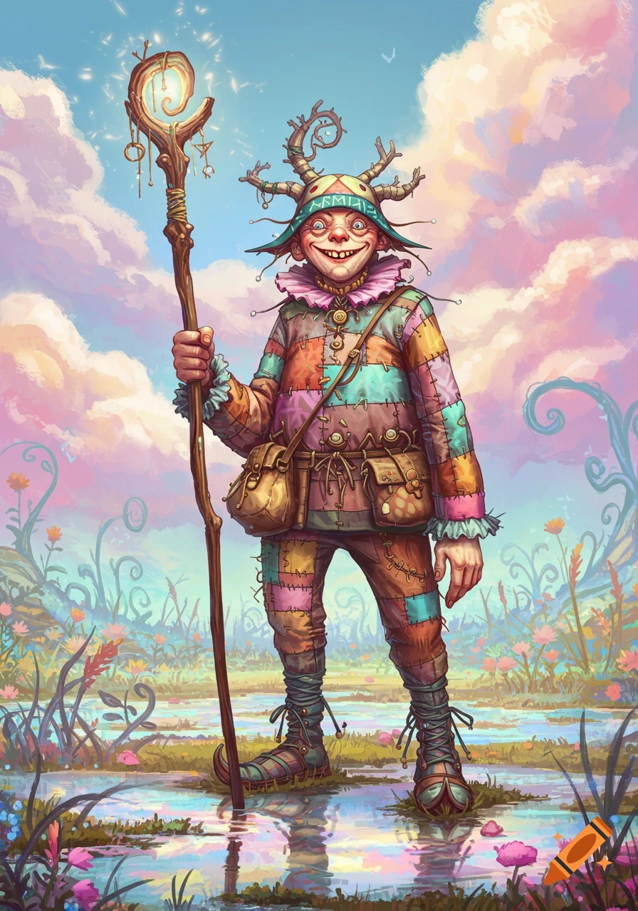 A whimsical, smiling character in a colorful patchwork outfit and ...