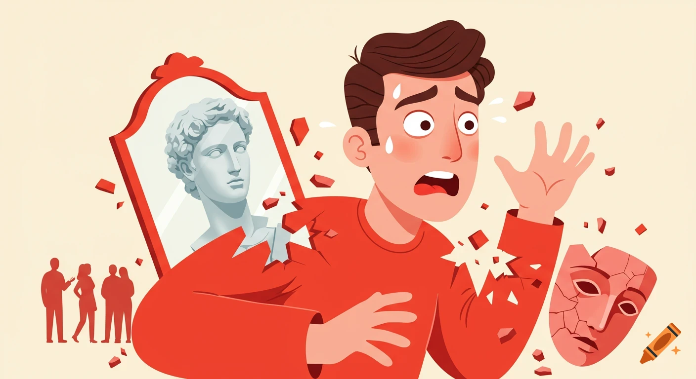 Cartoon man in red panics as a mirror reflecting a statue shatters and ...