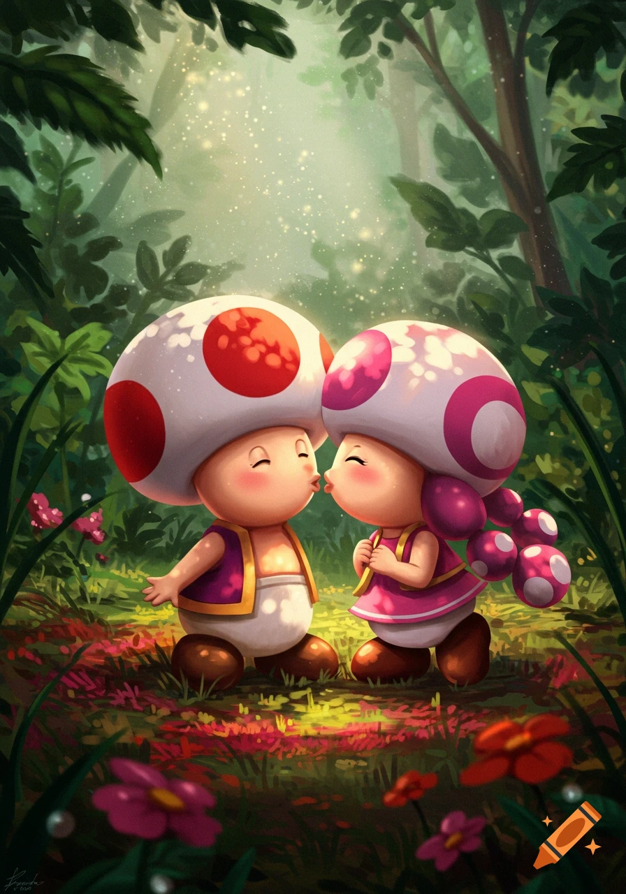 Toad and Toadette kiss in a magical, glowing forest, depicted in a ...