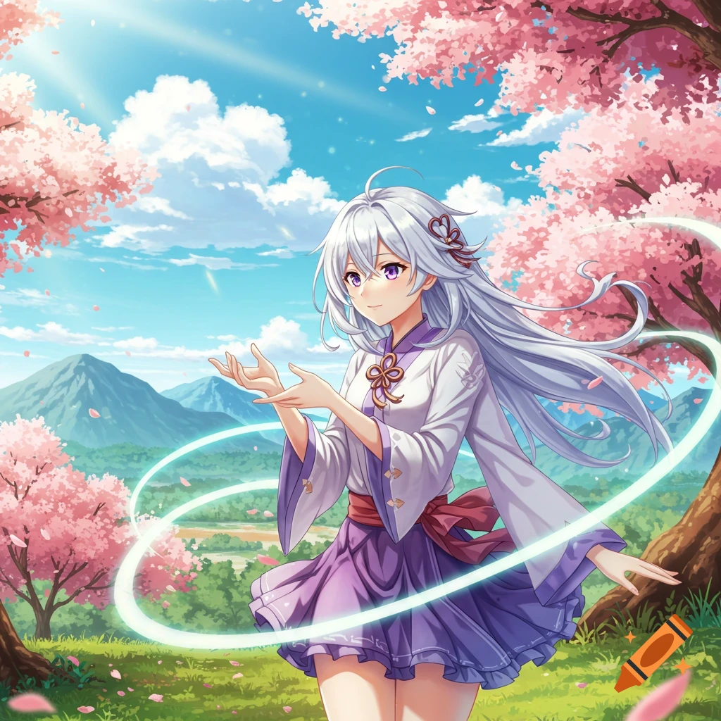 An anime character with white hair and purple eyes in a purple and ...