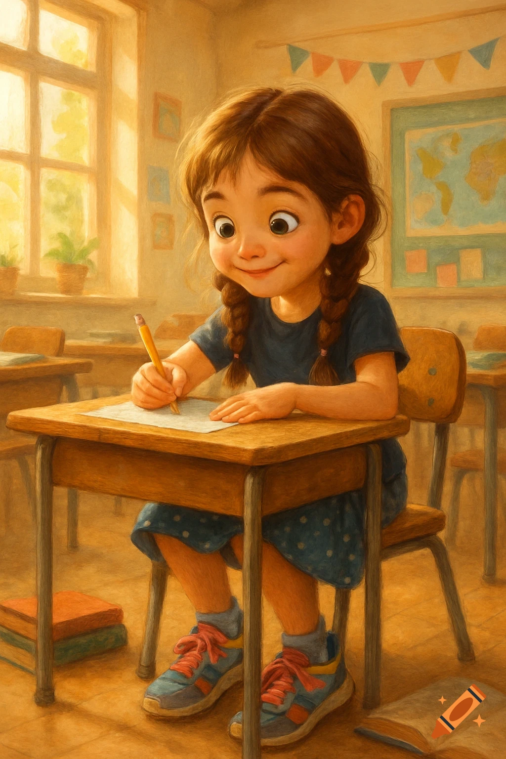 An anime-style teenage girl with brown hair in a ponytail smiles at the ...