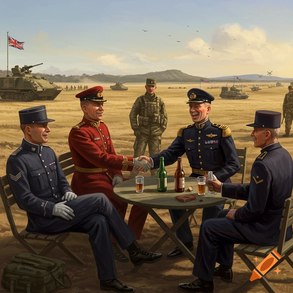 British and French military officers in dress uniforms shake hands and ...