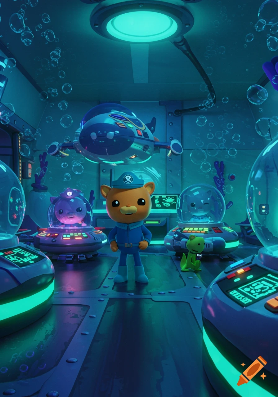 An orange bear-like captain in a blue uniform stands in a futuristic ...