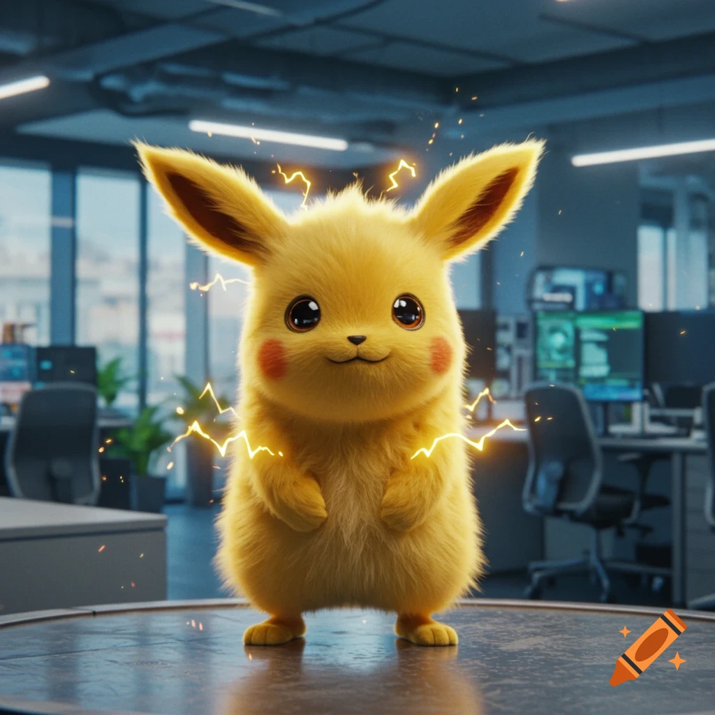 A cute, fluffy, photorealistic Pikachu stands in a modern office ...