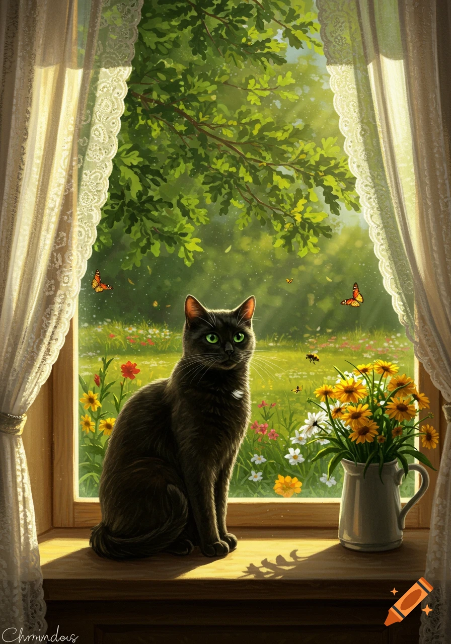 A black cat with glowing green eyes walks through a vibrant dandelion ...