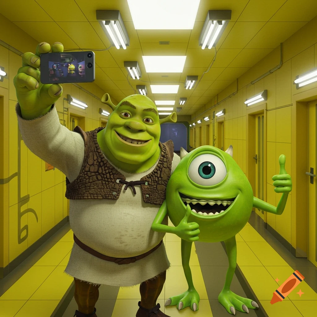 Shrek and Mike Wazowski smiling, taking a selfie together in a long ...
