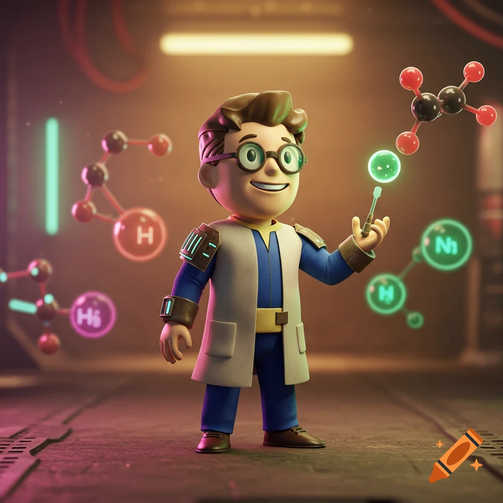 A stylized, cartoon character resembling Vault Boy in a lab coat ...