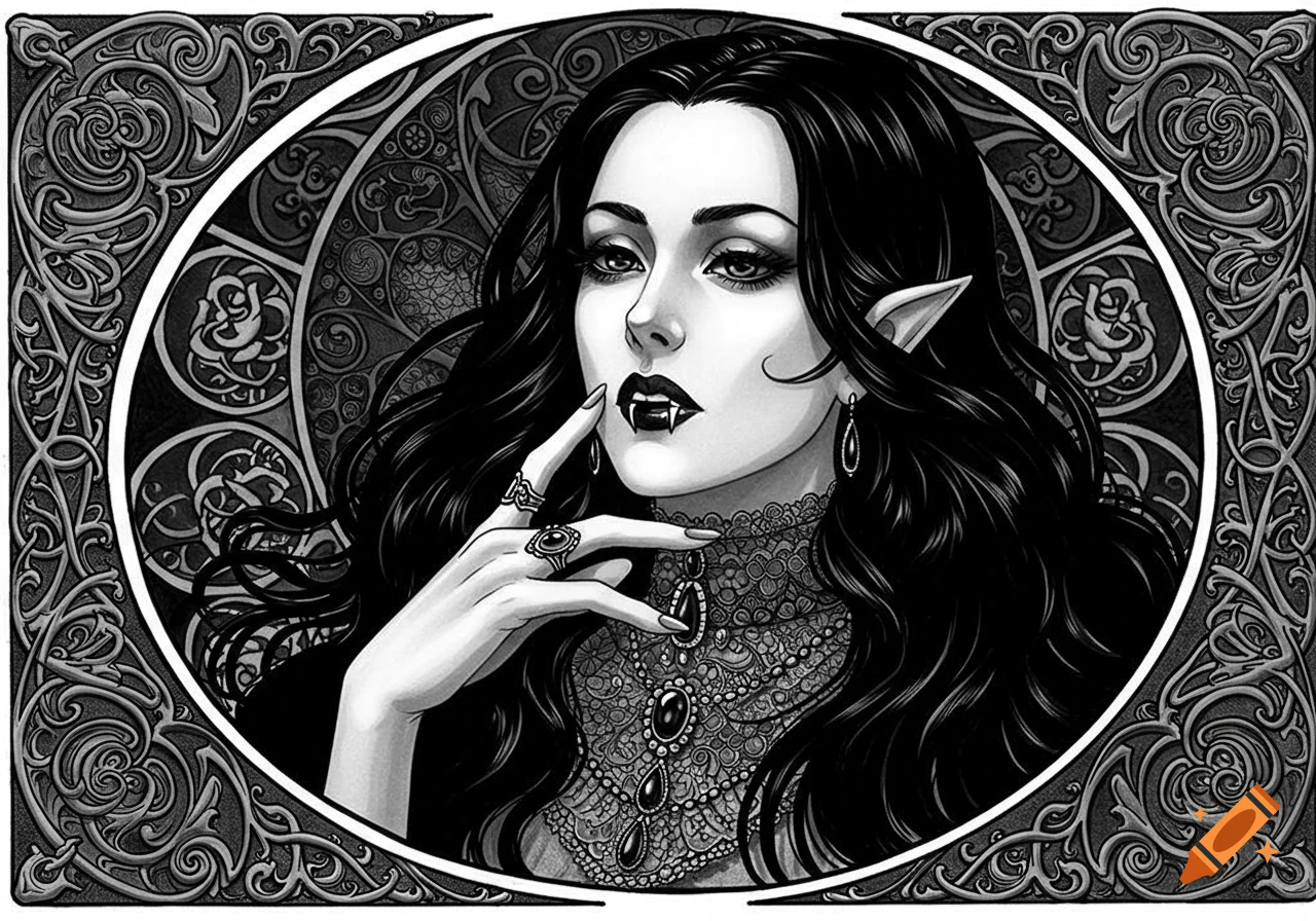 Gold line art illustration of an elf's head with long hair and pointed ...