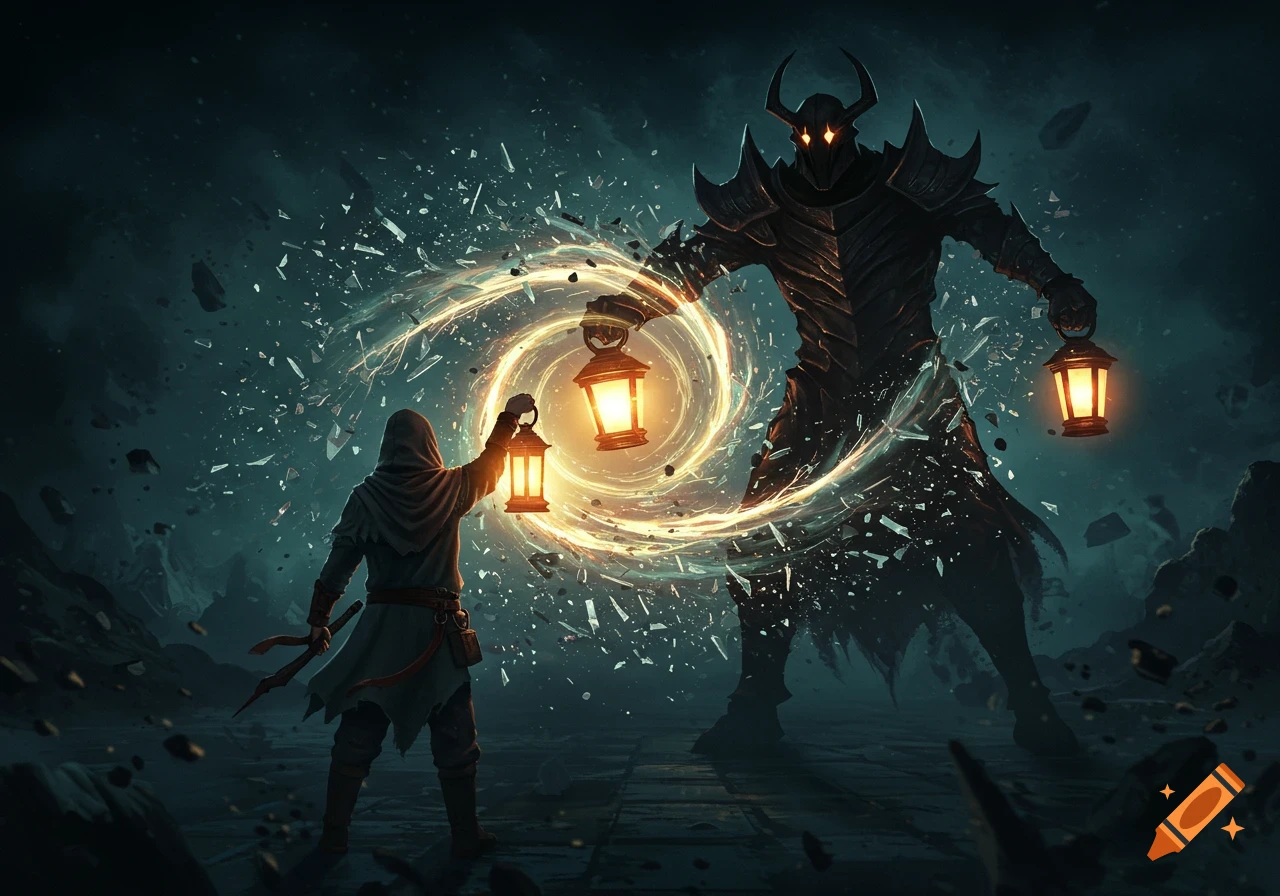 A hooded figure and a towering shadowy warden face each other in a dark ...