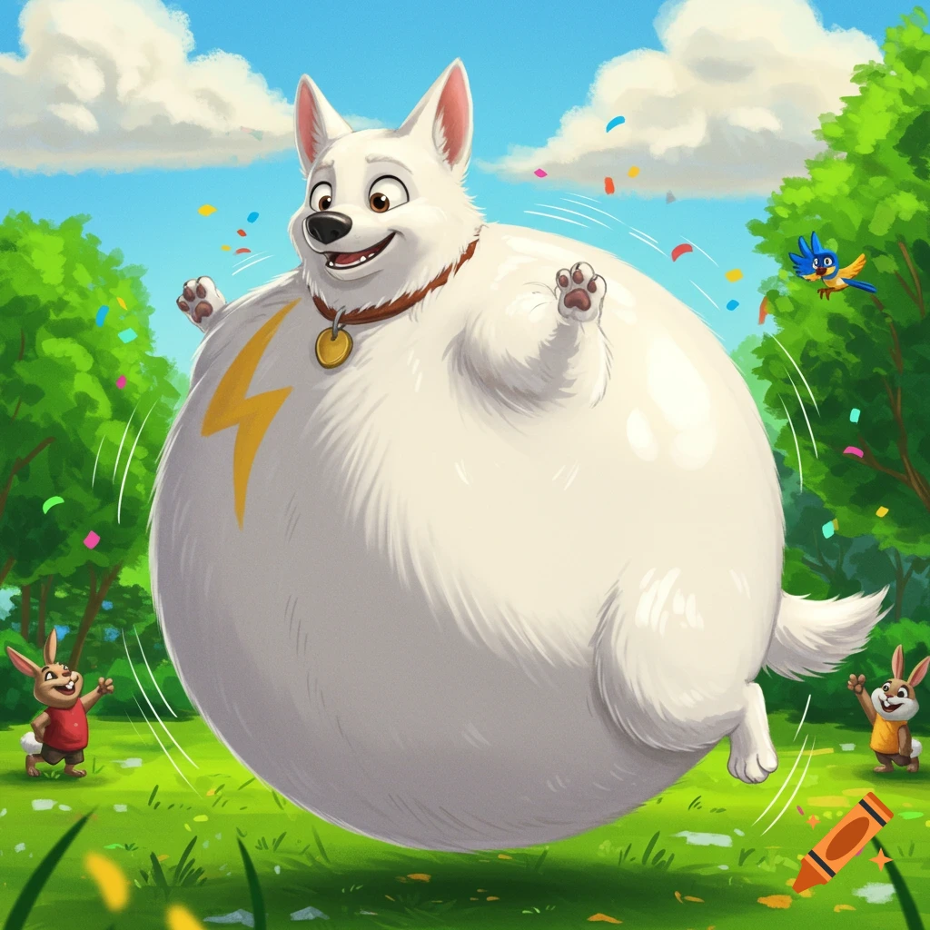 A large, inflated white dog, Bolt from Disney, bounces happily in a ...