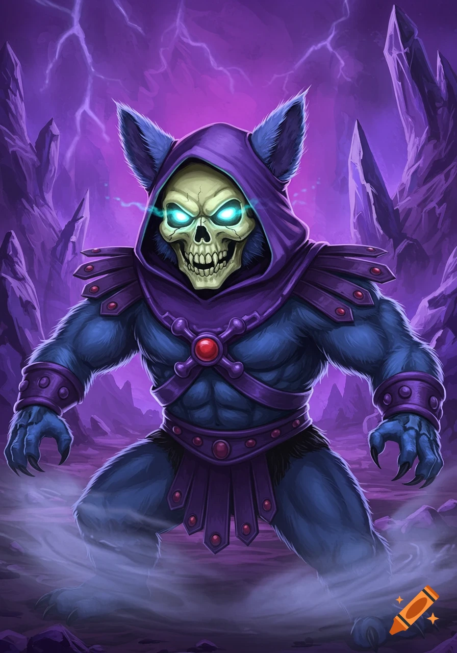 A blue-skinned Skeletor, with a yellow skull face and purple hood ...