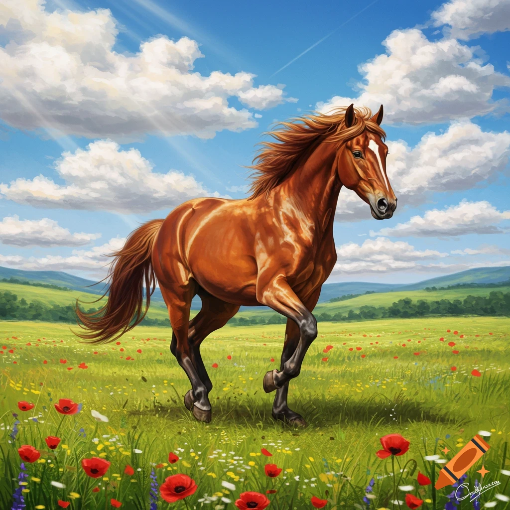 A brown horse and a dappled grey horse pass each other in a grassy ...