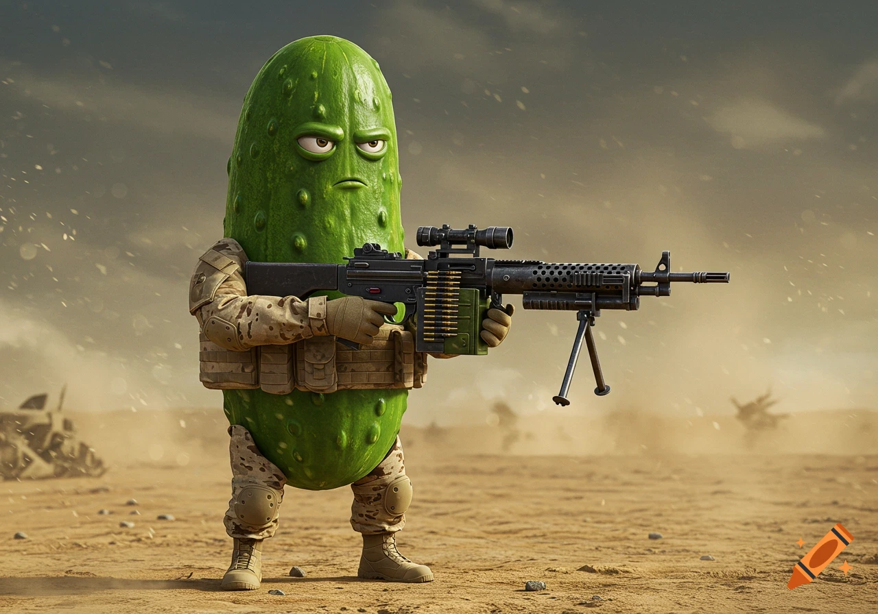 A grim, anthropomorphic pickle soldier in a camouflage uniform holds an ...