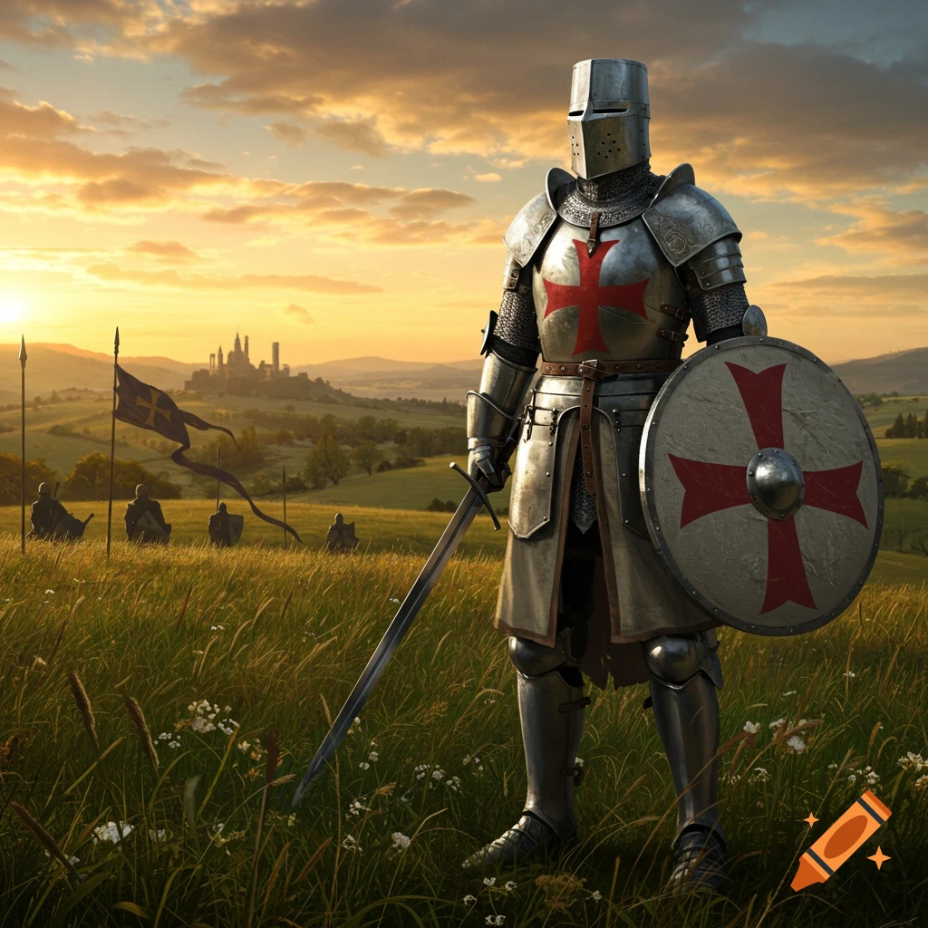 A crusader knight in full armor stands on rocks, holding a sword and ...