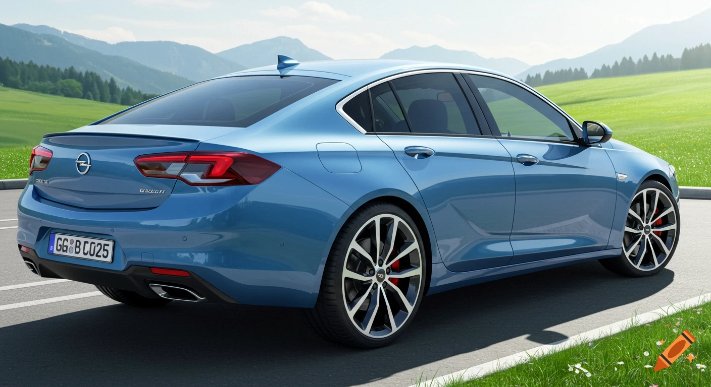 A light blue Opel Insignia sedan parked on a paved road next to a green ...