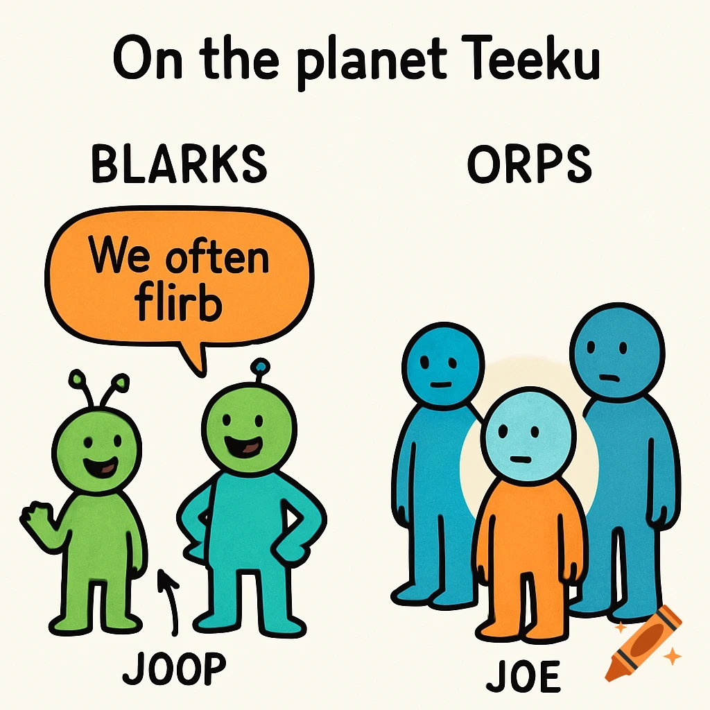 A simple cartoon illustration showing two groups of alien-like figures ...