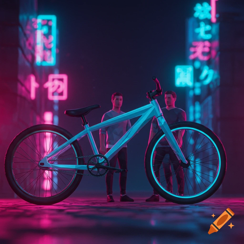 A low poly bicycle and two men stand in a dark, neon-lit cyberpunk ...
