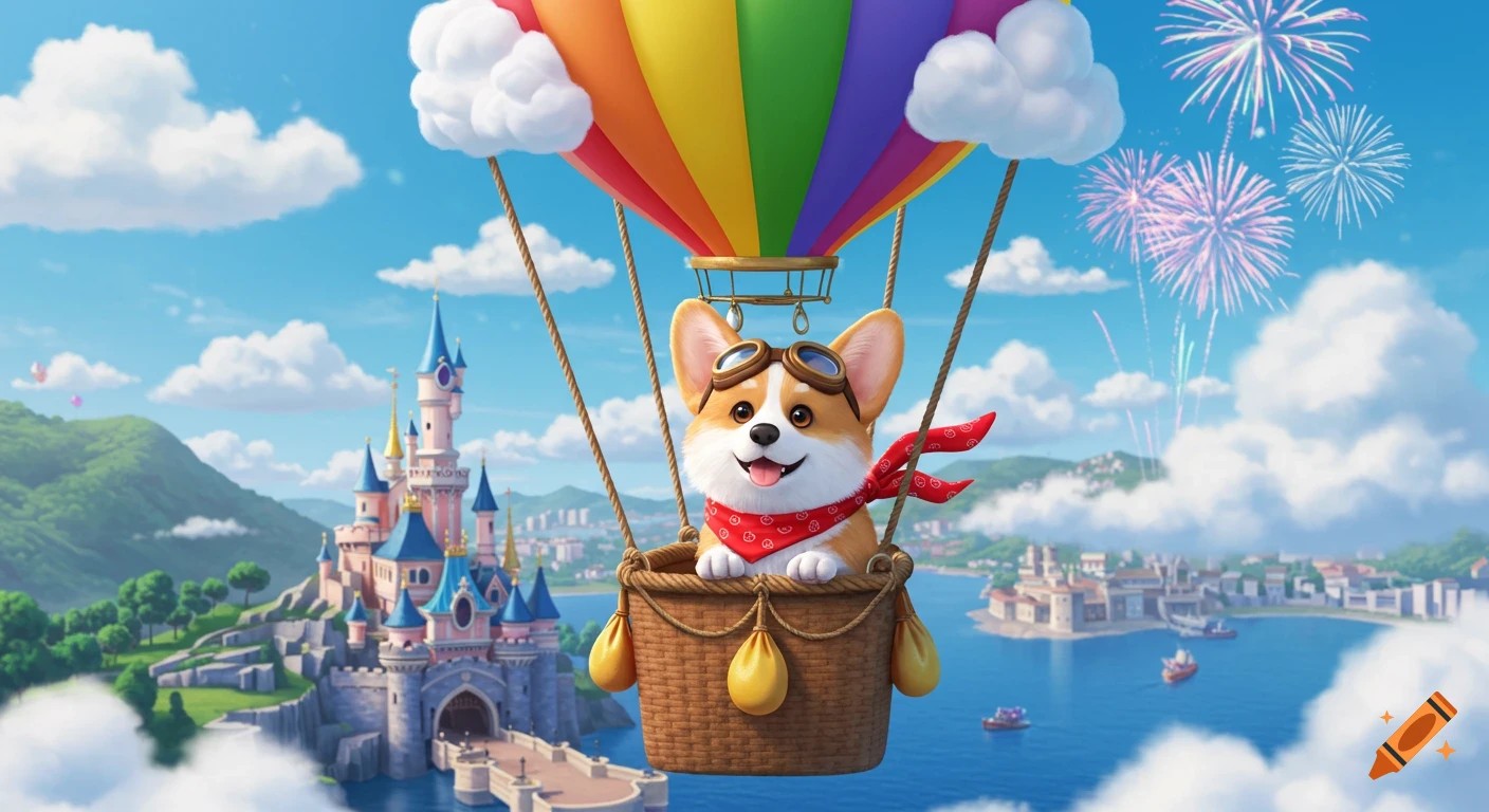 A cute corgi in aviator goggles and a red bandana pilots a rainbow hot ...