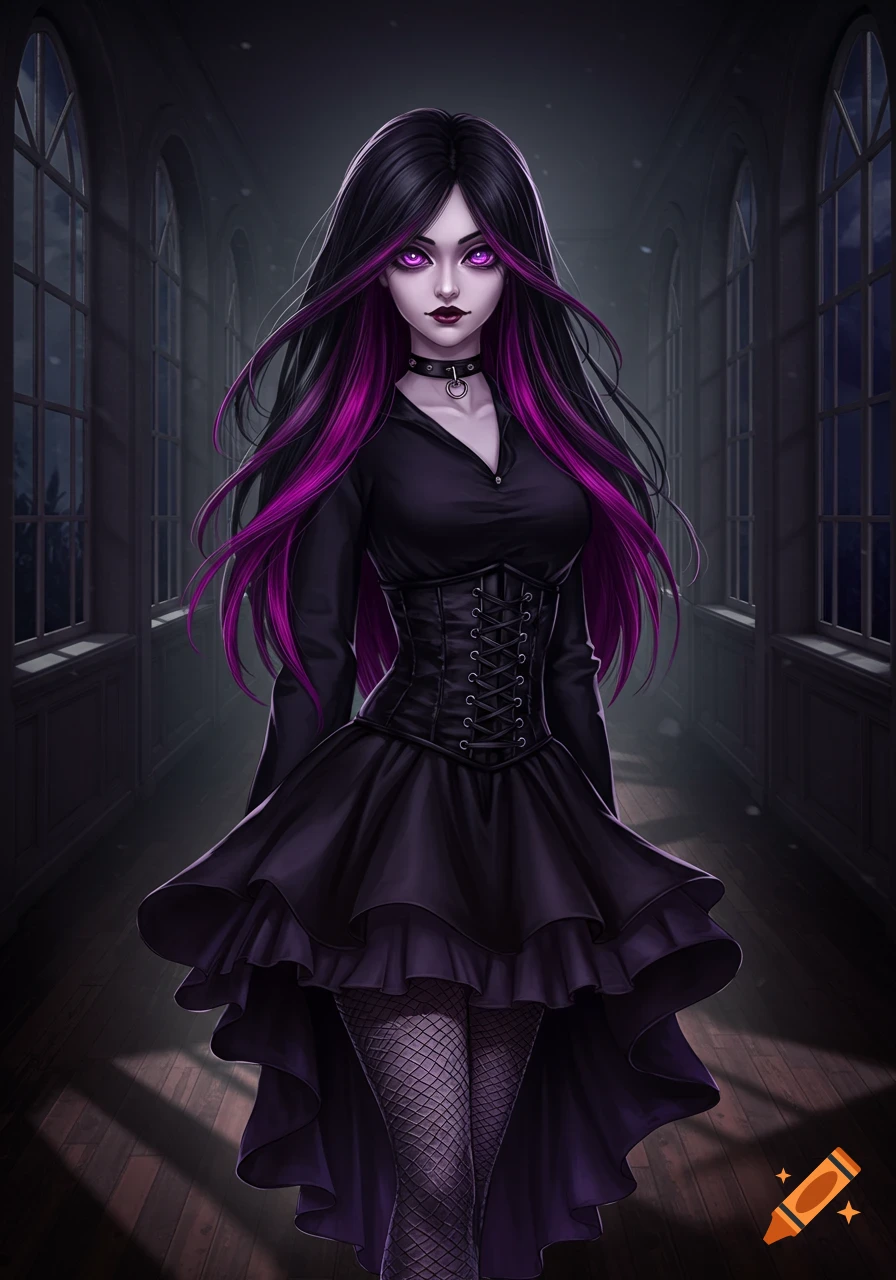 A goth anime girl with long black hair with purple highlights, bright ...
