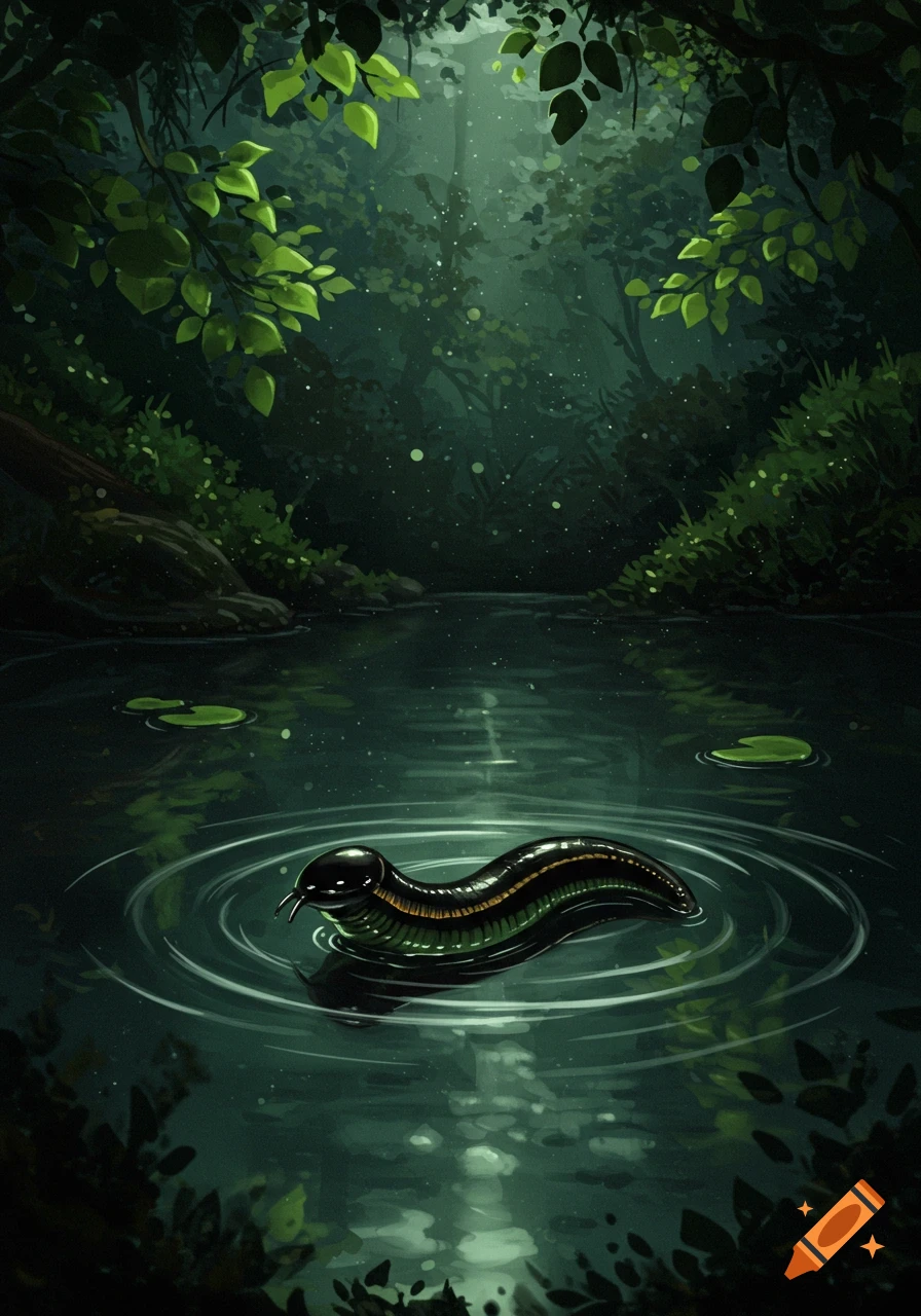 A dark green leech with gold stripes creating ripples as it swims in a ...