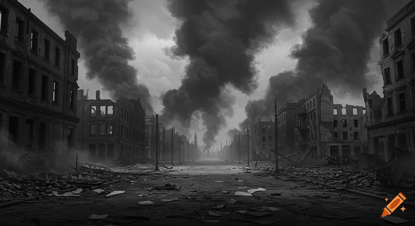 Black-and-white image of a devastated city street with destroyed ...