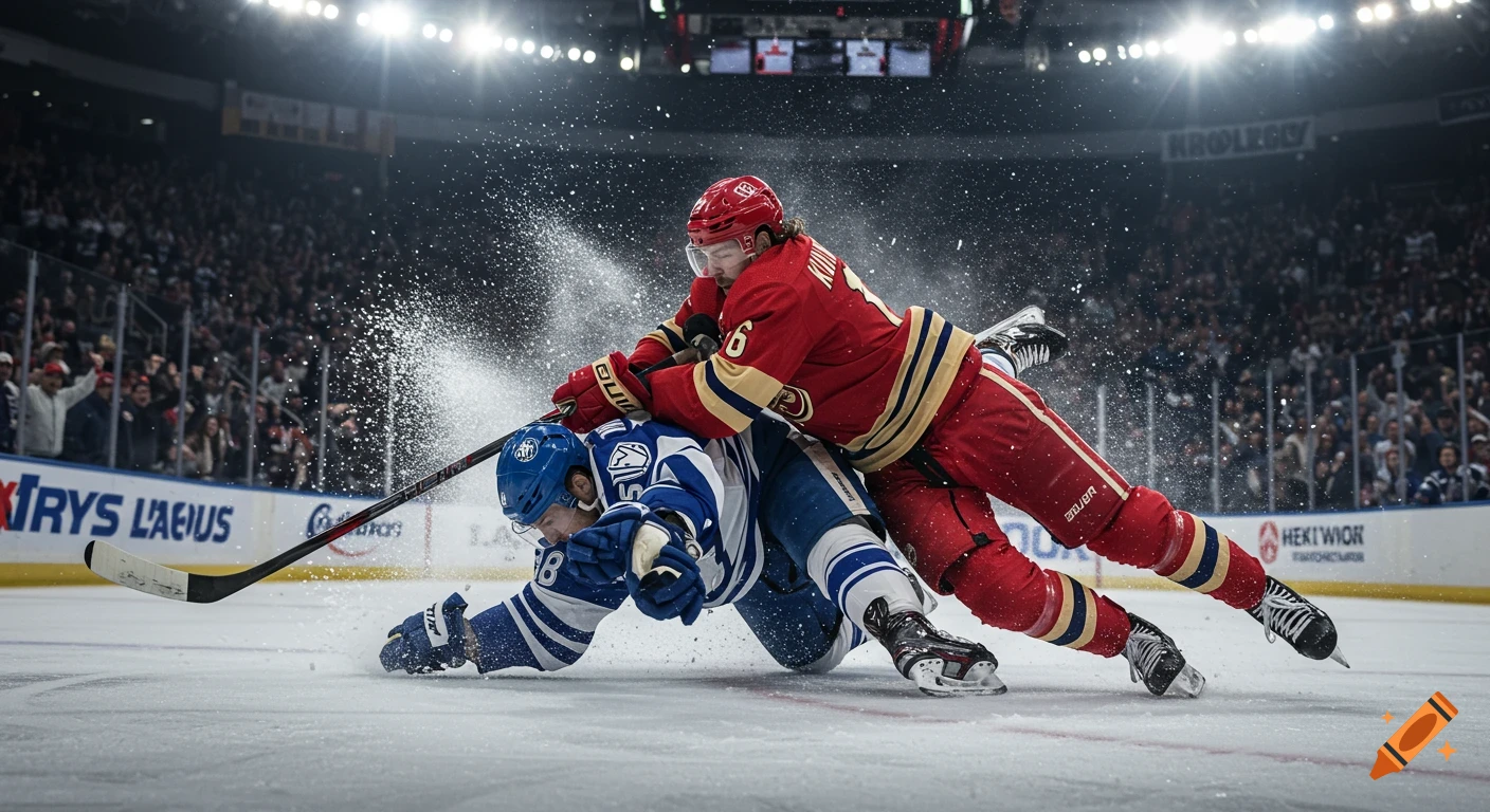 A dynamic, photorealistic action shot of two hockey players colliding ...