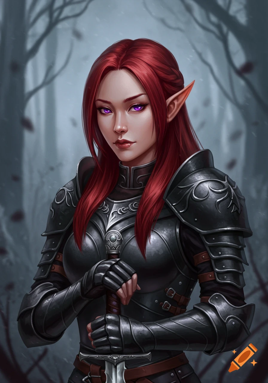 A female fantasy warrior with red hair, violet eyes, pointed ears, and ...