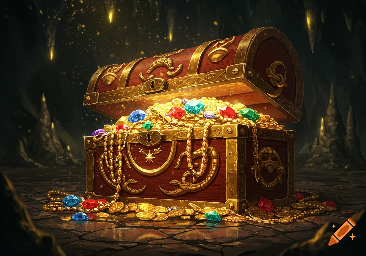 A glowing treasure chest filled with gold coins and colorful gems in a ...