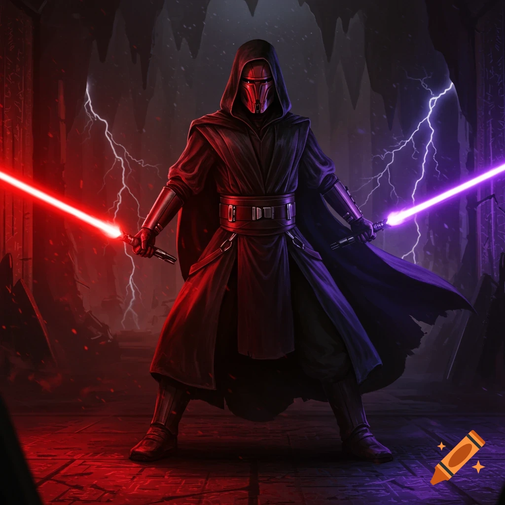 Darth Revan in a hooded cloak and mask holds a red and purple ...