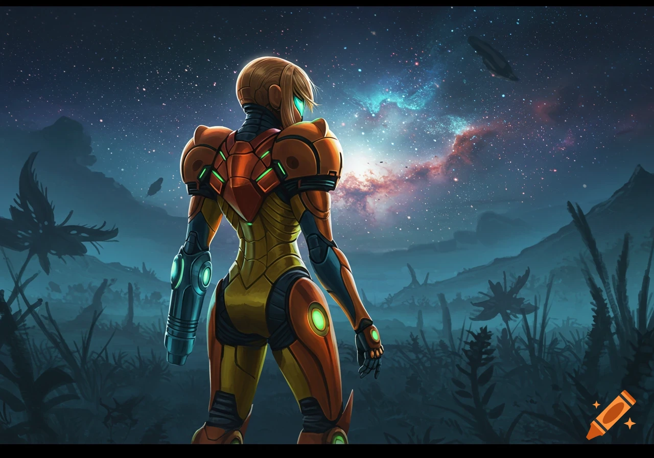 Low poly art of Samus Aran in her power suit standing on an alien ...