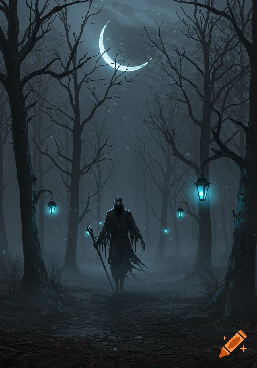 A mysterious cloaked figure with glowing circular glasses and a wide ...