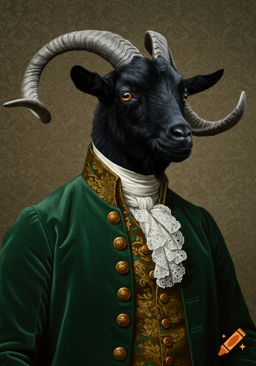A black goat dressed in ornate green and gold Victorian clothing ...